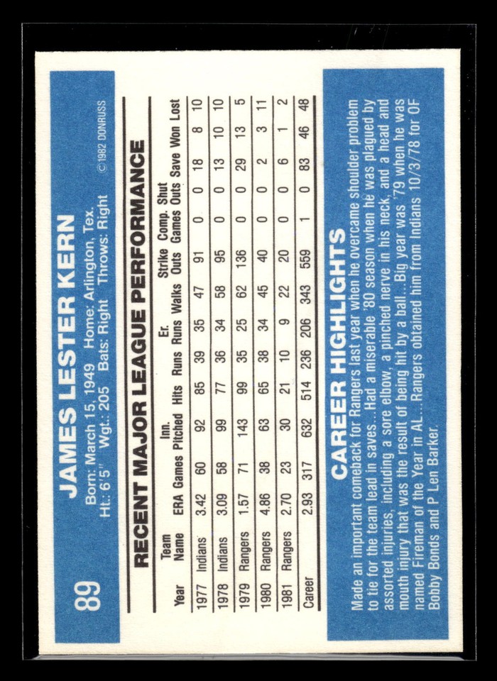 1982 Donruss Baseball #89 Jim Kern "Set Break" Mint Texas Rangers | eBay