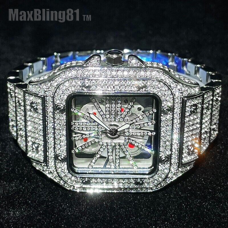 MEN'S FULLY ICED BAND LUXURY WATCH SKELECTON DIAL SIMULATED DIAMOND ...