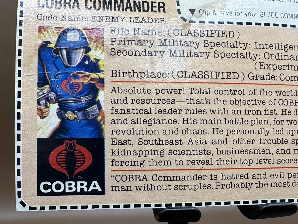 Vintage GI Joe 1982 Cobra Commander Mail Away Uncut File Card Original ...