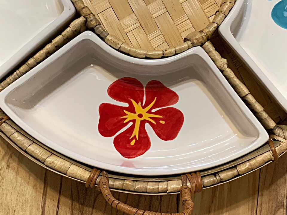 Hand Painted Tropical Hibiscus Divided Appetizer Serving Bamboo Tray | eBay