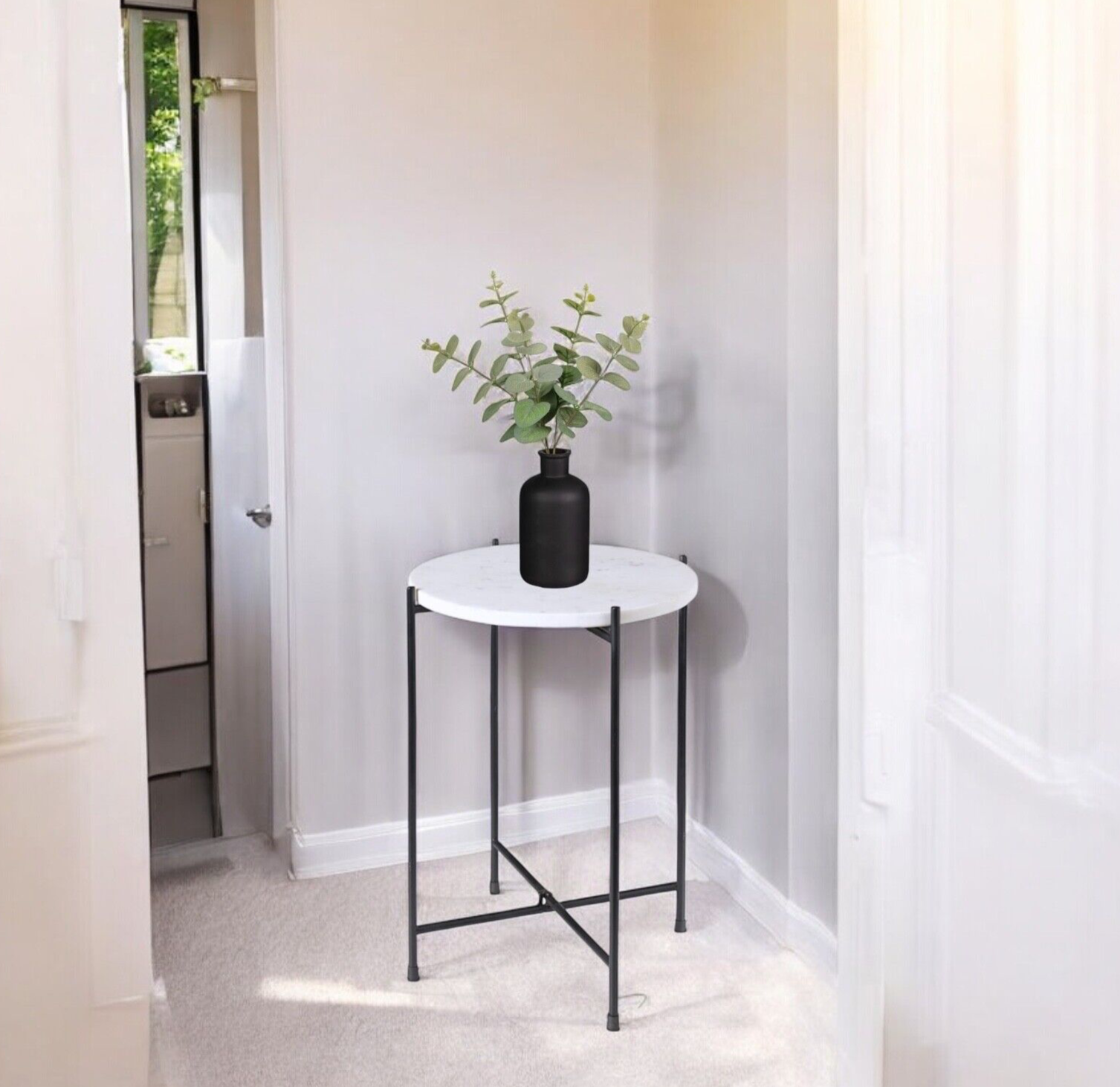 Solid Marble Side Table Round End Table with Marble Top and Folding ...
