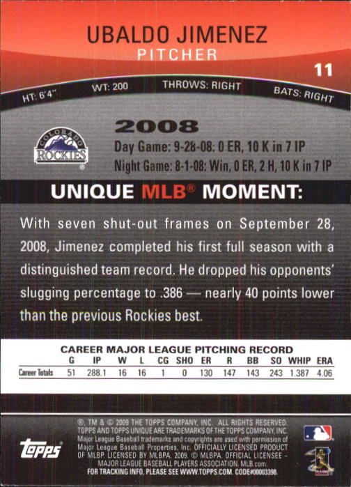 2009 Topps Unique Baseball Card #11 Ubaldo Jimenez | eBay