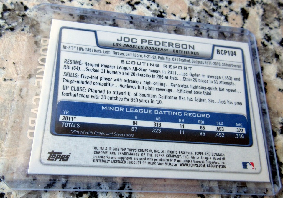 JOC PEDERSON 2012 Bowman Chrome 1st TRUE Rookie Card RC Rangers HR ...