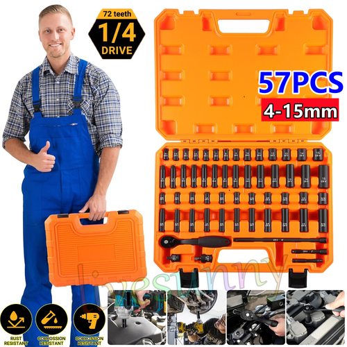 57PCS DEEP & SHALLOW IMPACT SOCKET RATCHET Set 1/4"Dr 4-15mm 6pt Hex ...