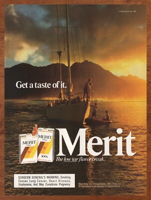 1986 Merit Cigarettes Vintage Print Ad/Poster Sailboat Boat Sunset Bar ...