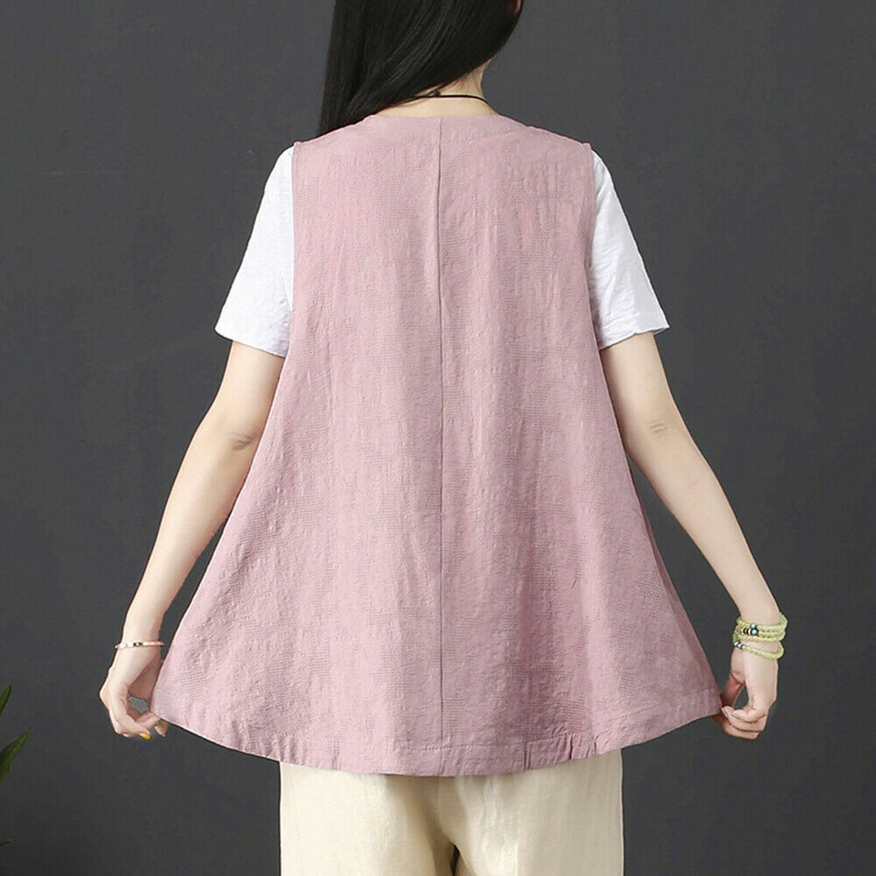 Womens Linen Vest Top Waistcoat Gilet V Neck Sleeveless Jacket Pocket ...