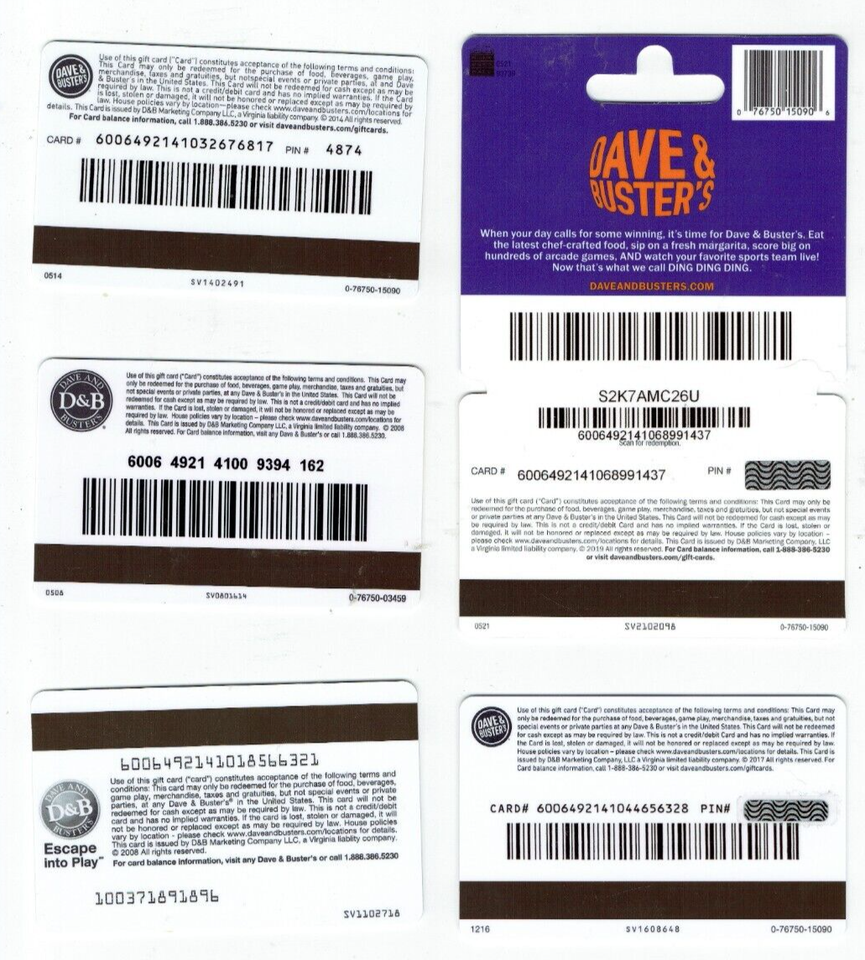 Dave & Buster's Gift Card - LOT of 5 - Collectible Only - NO Value ...