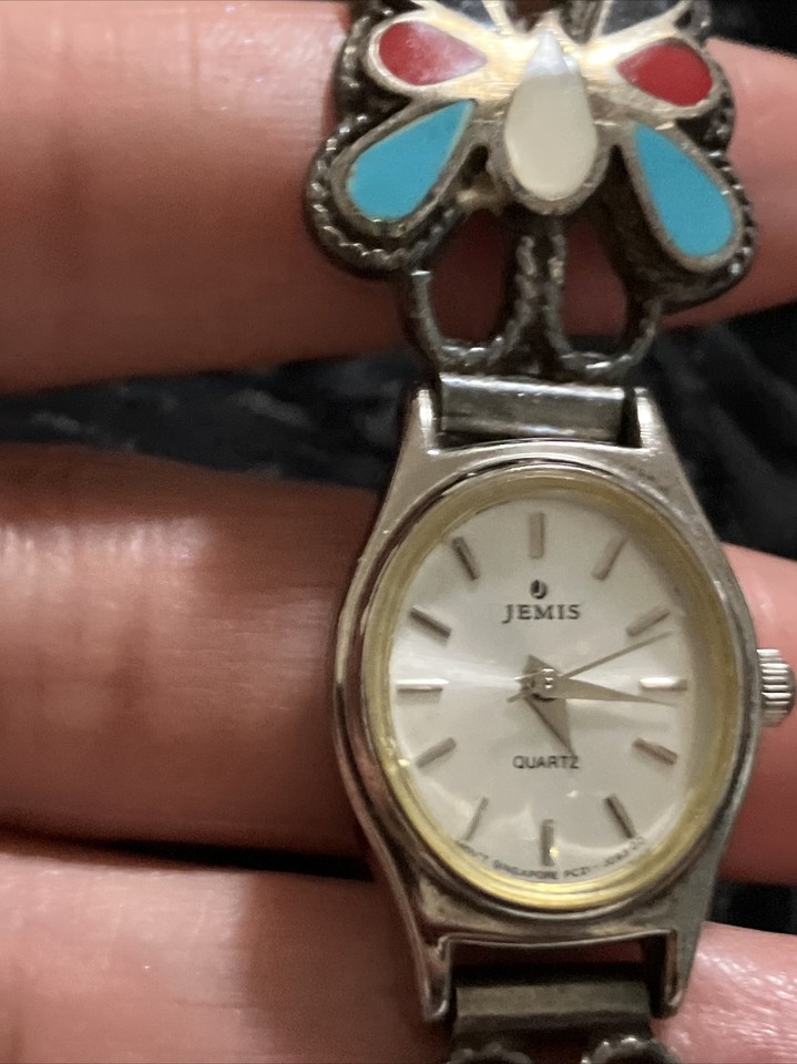 VTG Sterling Navajo Genuine Turquoise Onyx Pearl Butterfly JEMIS Watch ...
