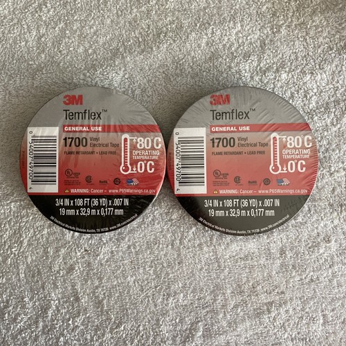3M TemFlex 1700 3/4 in X 60ft Electrical Tape - Black Lot of 2 ...
