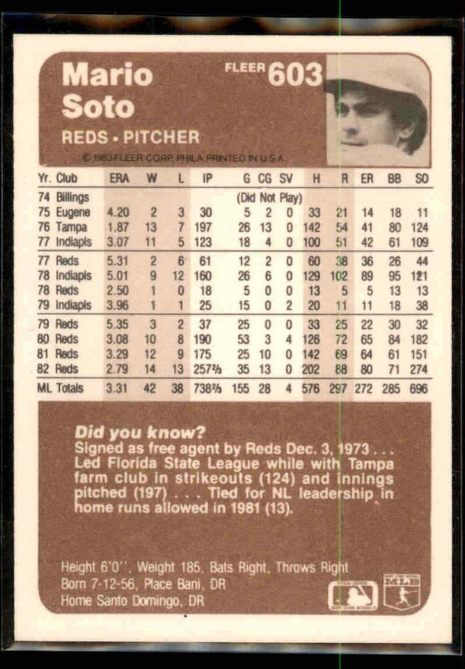 1983 Fleer Mario Soto #603 Cincinnati Reds | eBay