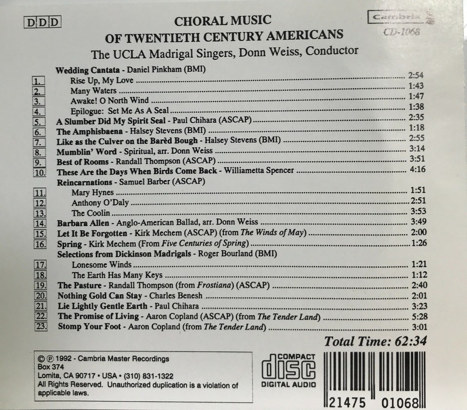 Choral Music of Twentieth Century Americans: Donn Weiss, UCLA Madrigal ...