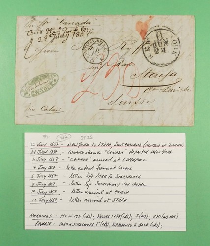 DR WHO 1857 STAMPLESS F/L PAQUEBOT CANADA SHIP NY TO STAFA SWITZERLAND ...