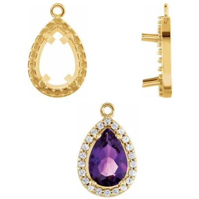 Solid Gold or Silver Unset Pear Shape Stone 4-Prong Halo Dangle Setting ...