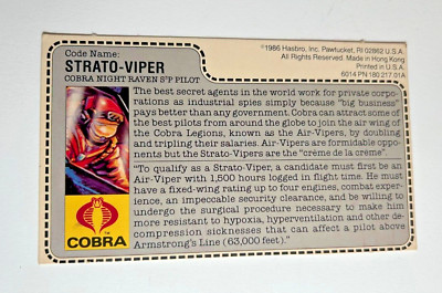 GI Joe Cobra Strato Viper File Card 1986 *UNCUT, White back* Vintage ...