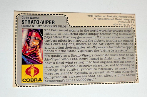 GI Joe Cobra Strato Viper File Card 1986 *UNCUT, White back* Vintage ...
