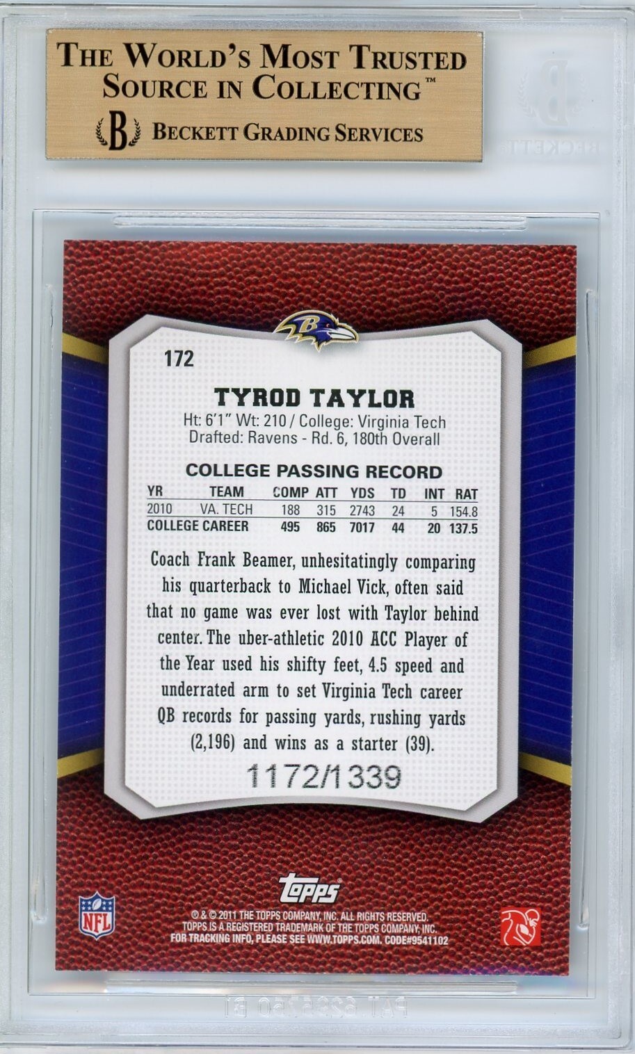 POP 1 Tyrod Taylor RC BGS 9.5: 2011 Topps Rising Rookies Blue Rookie ...