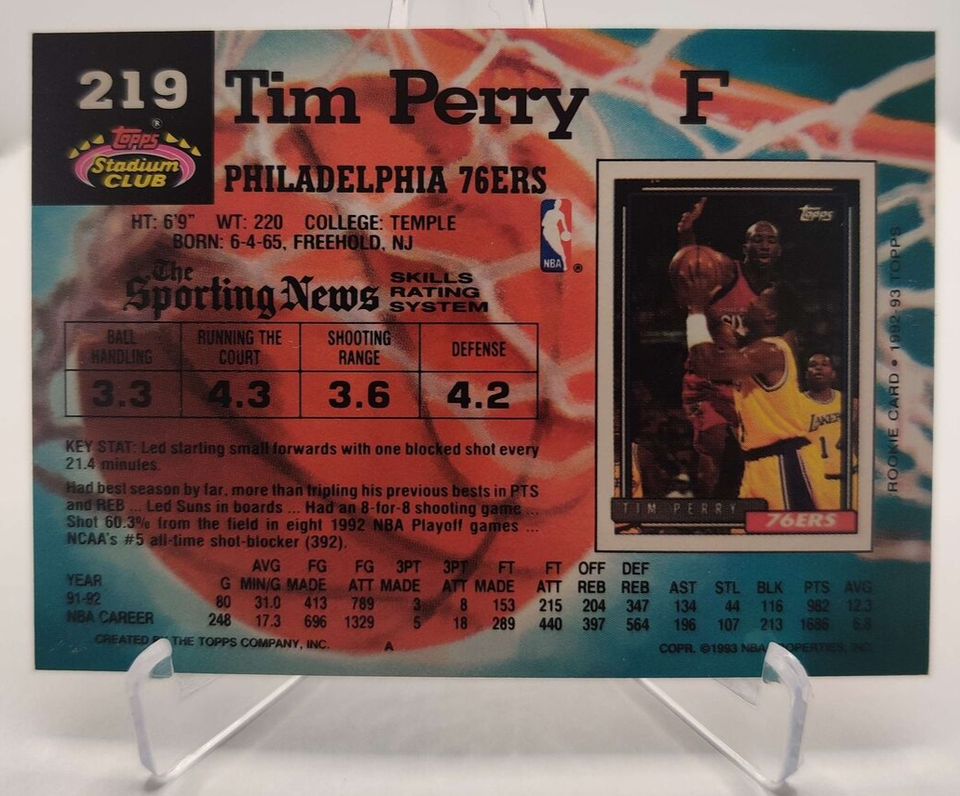 1992-93 Topps Stadium Club #219 Tim Perry Philadelphia 76ers Basketball ...