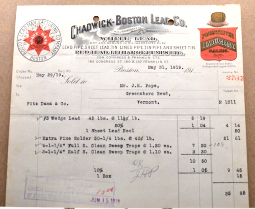 1919 CHADWICK-BOSTON MFG. Of White Lead Boston, Mass Invoice Good | eBay
