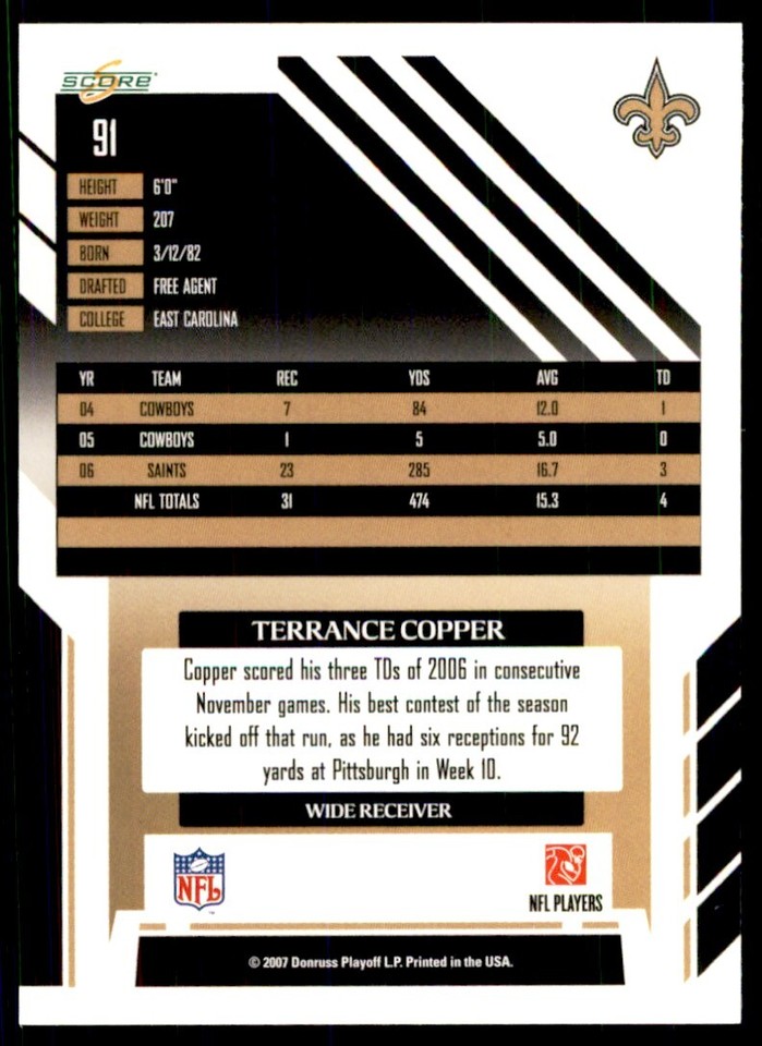 2007 SCORE TERRANCE COPPER NEW ORLEANS SAINTS #91 | eBay