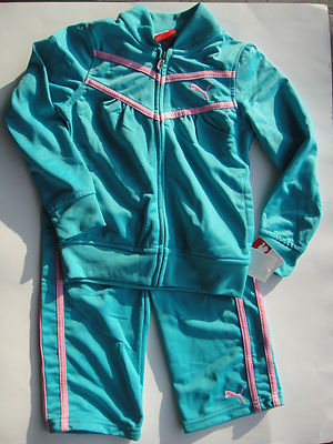 PUMA NWT GIRL 2PC Track Suit Jacket Pant Top Teal Pink Warm Up Zip 12 ...