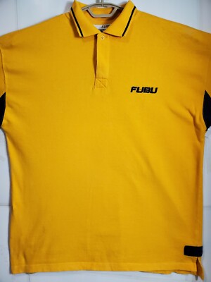 Vintage 90s FUBU SPORTS Yellow Color Block Big Logo Polo Shirt Mens XL ...