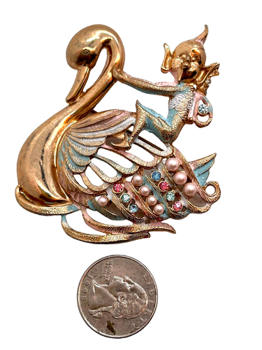 Vintage Large Figural Enameled Elf Riding Swan, Rhinestones & Faux ...