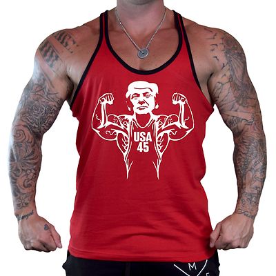 Men's Buff Trump Red Stringer Tank Top American President Flex Workout ...