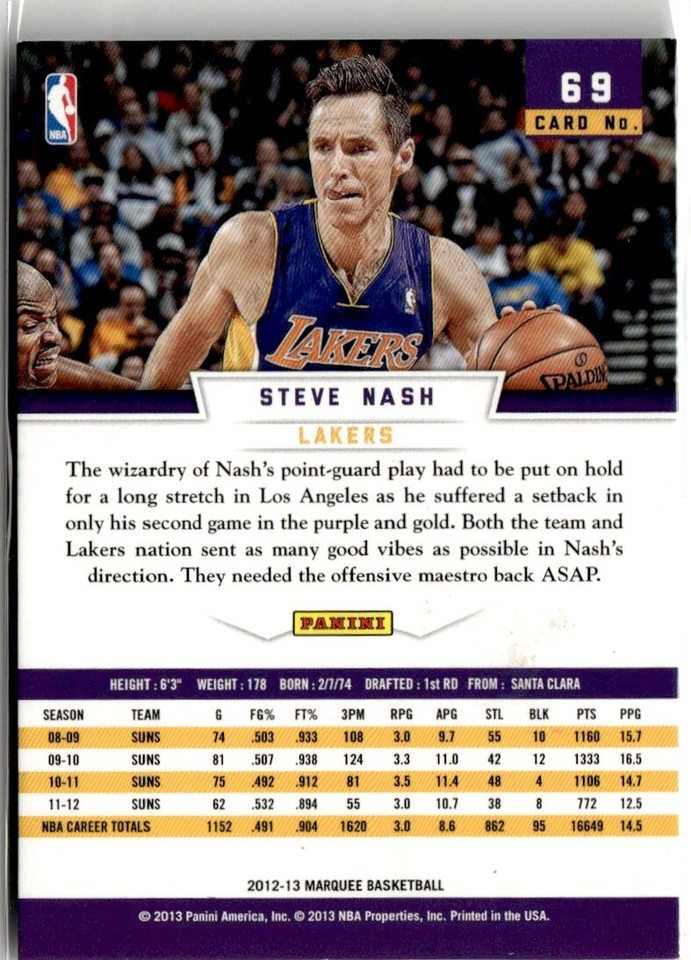 2012-13 PANINI MARQUEE STEVE NASH LOS ANGELES LAKERS #69 | eBay