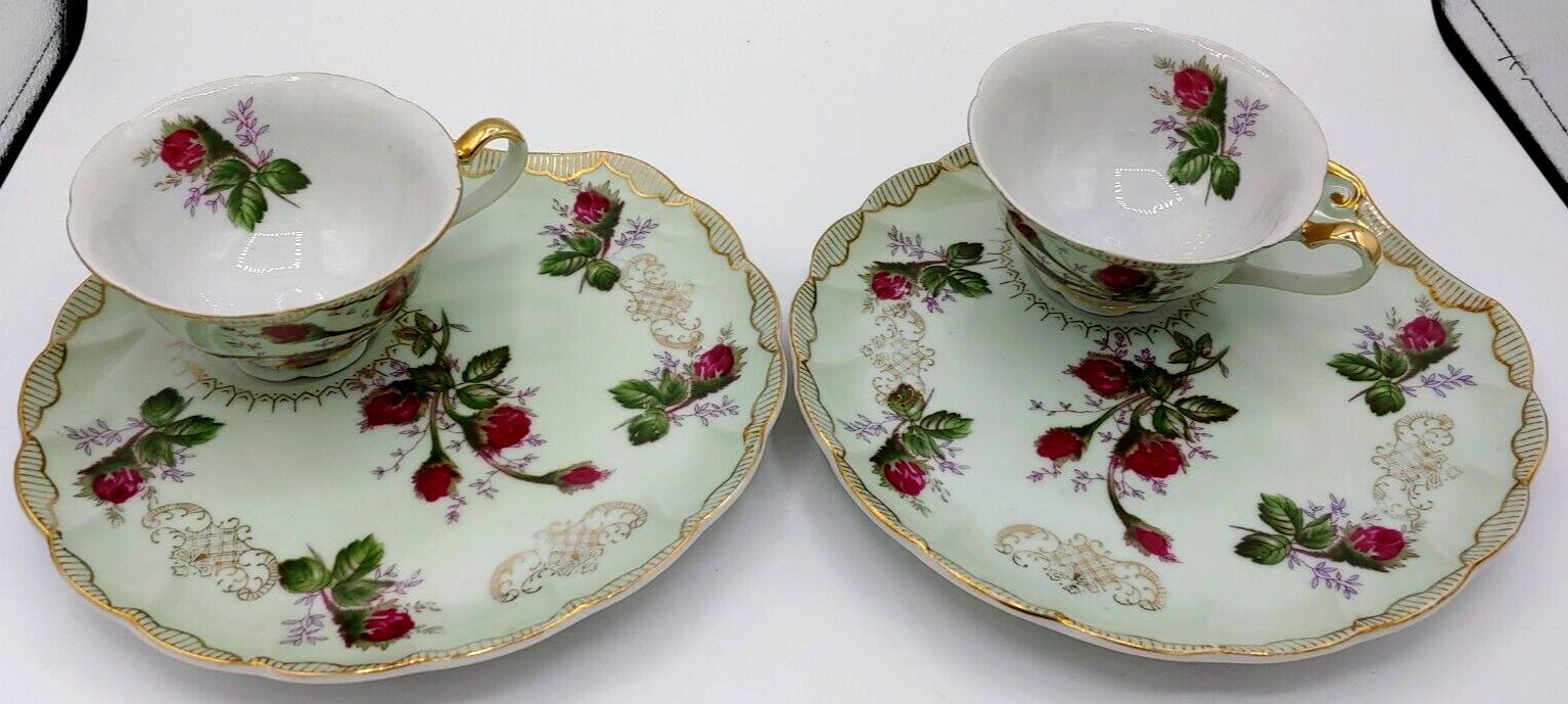 Lefton China Hand Painted Roses Luncheon Set Tea Cup & Plate Green Set ...