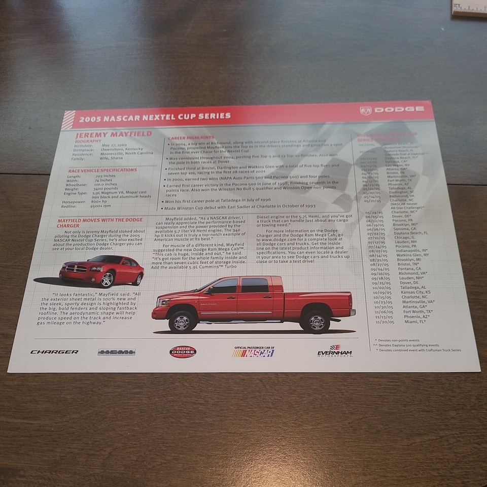 Nice 2005 Jeremy Mayfield #19 Evernham Motorsports Dodge Racing 8.5x11 ...