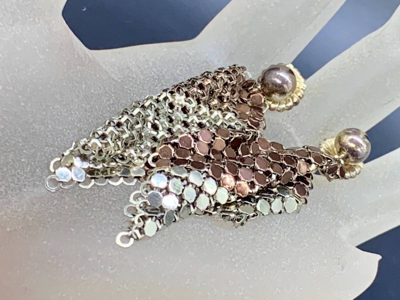 VINTAGE STERLING SILVER BRONZE BALL DROP MESH EARRING… - Gem