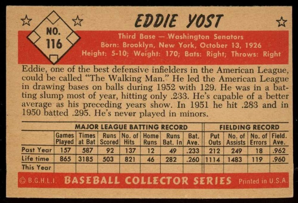 1953 Bowman Color #116 Eddie Yost NM Senators 72327 | eBay