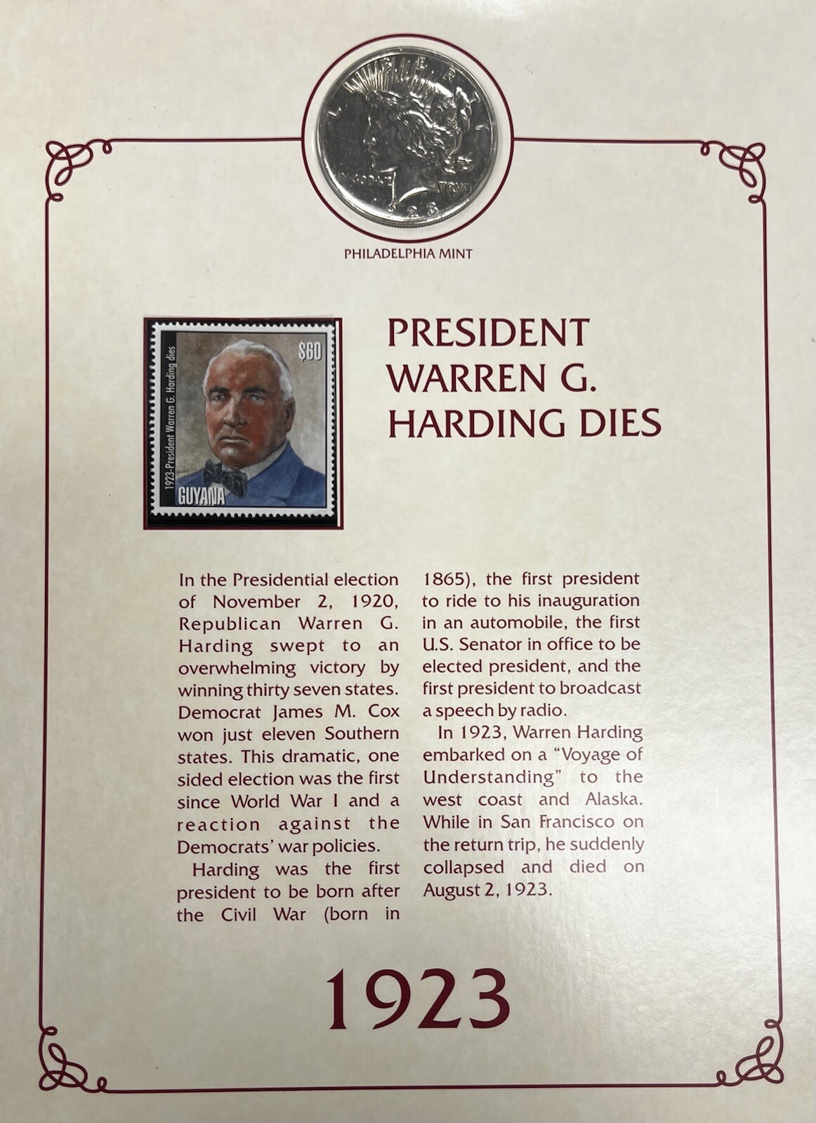 1923 $1 Peace Dollar on commemorative philatelic cover President ...