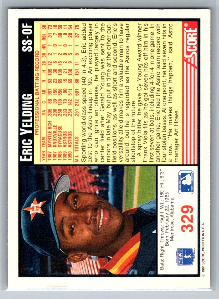 Eric Yelding 1991 Score BASEBALL #329 Houston Astros | eBay