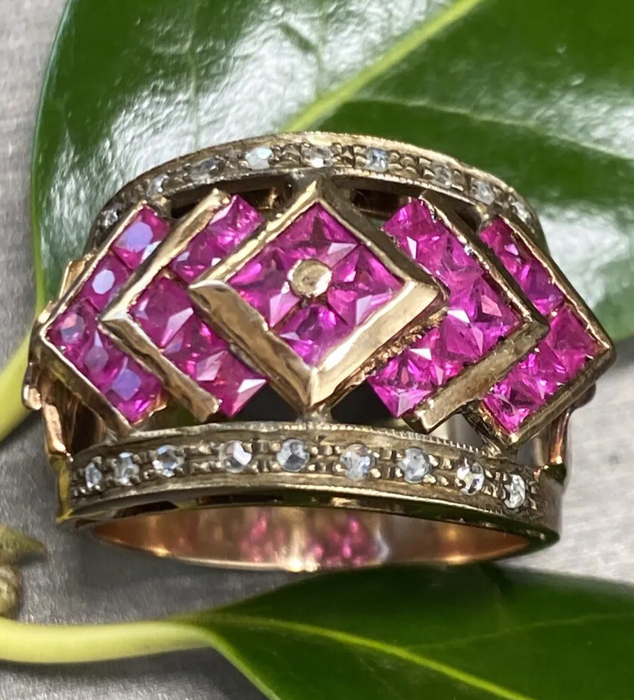 Vintage Ruby Diamond Band Ring Estate Fine Jewelry Pre-Owned Chevron X ...