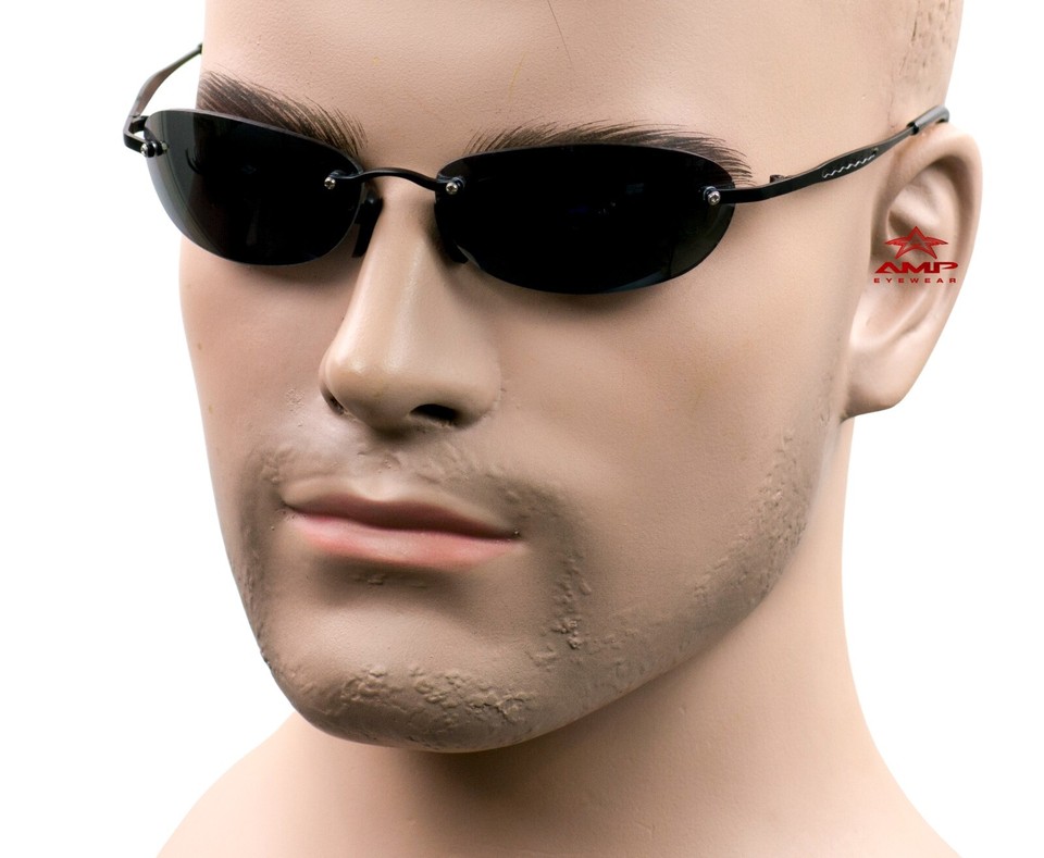 Small Rimless Oval Neo Matrix Style Sunglasses Metal Super Dark Mirror ...