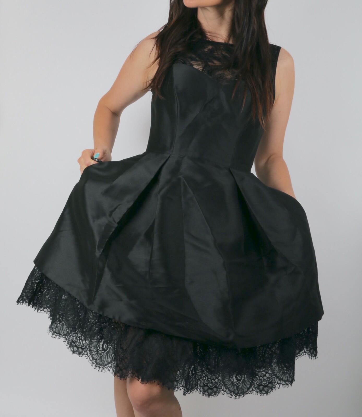 THEIA Black Satin Lace Trim Flare Pleated Dress Size S - Gem