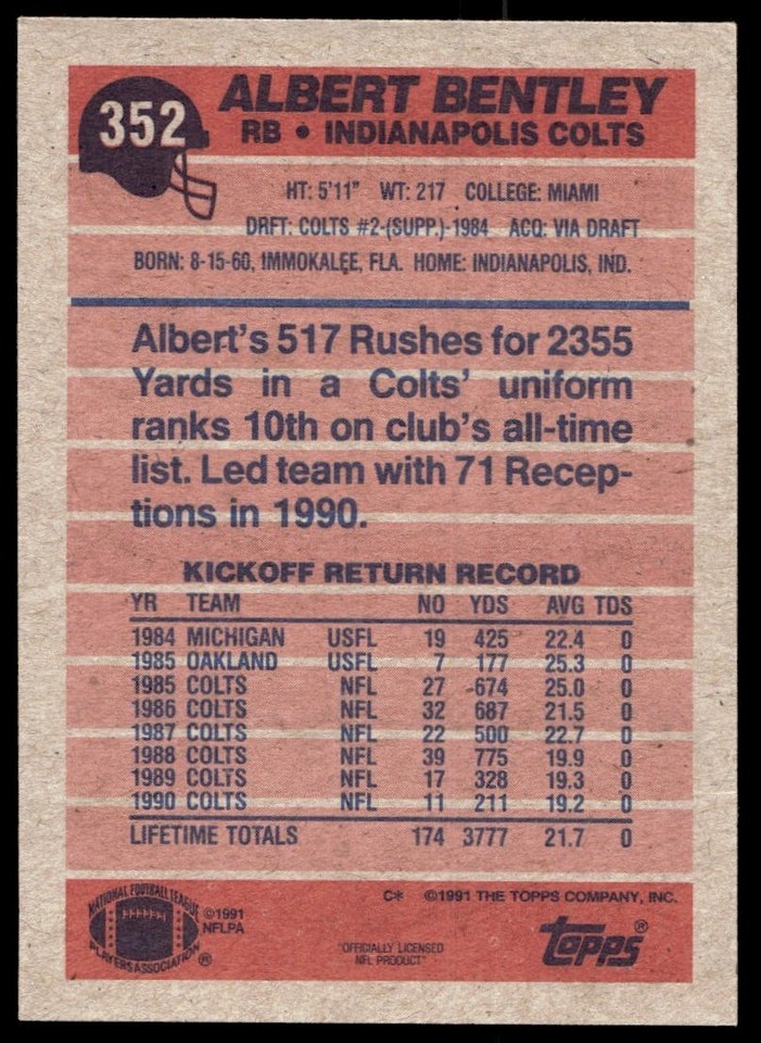1991 Topps Albert Bentley G46 #352 | eBay