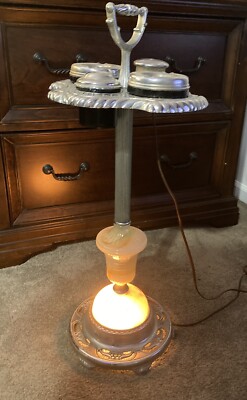 Antique Smoking Stand Ashtray Art Deco Pink Slag Glass Cast Iron | eBay