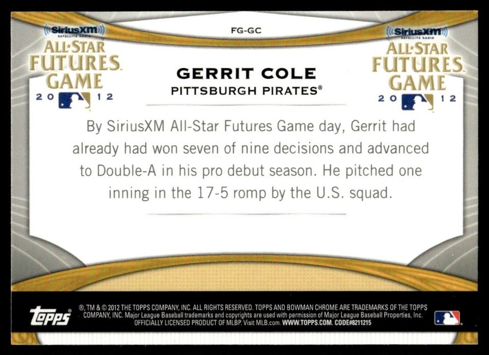 2012 Bowman Chrome Futures Game Gerrit Cole Pittsburgh Pirates #FG-GC ...