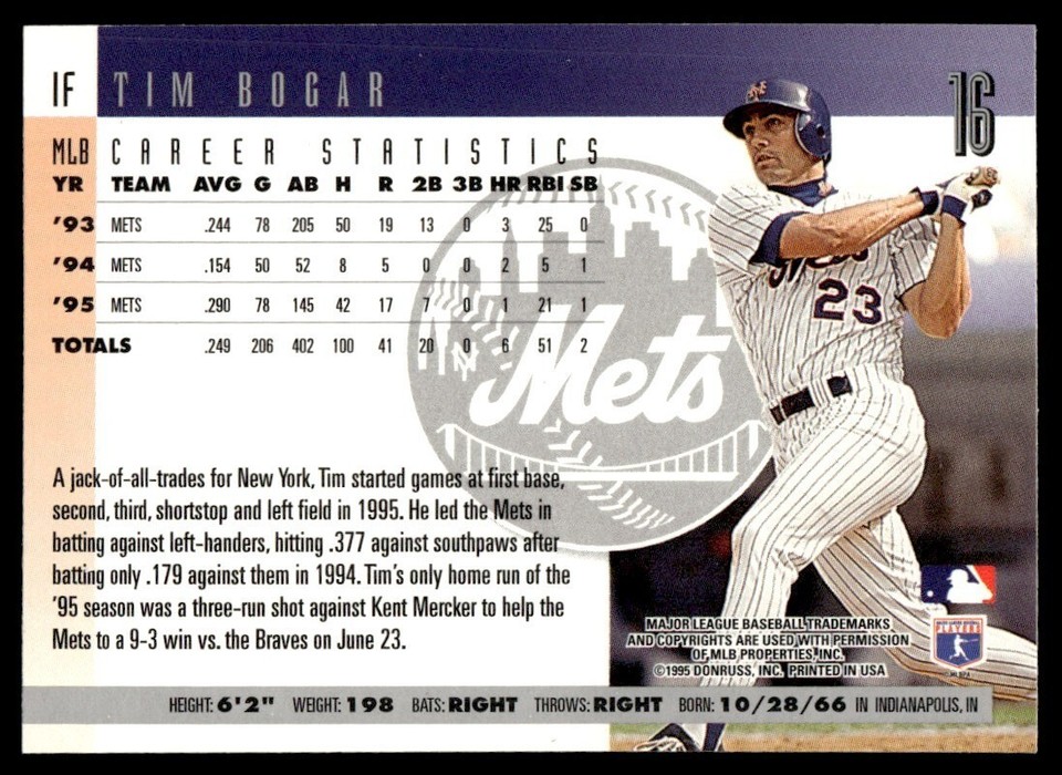 1996 Donruss #16 Tim Bogar - New York Mets | eBay
