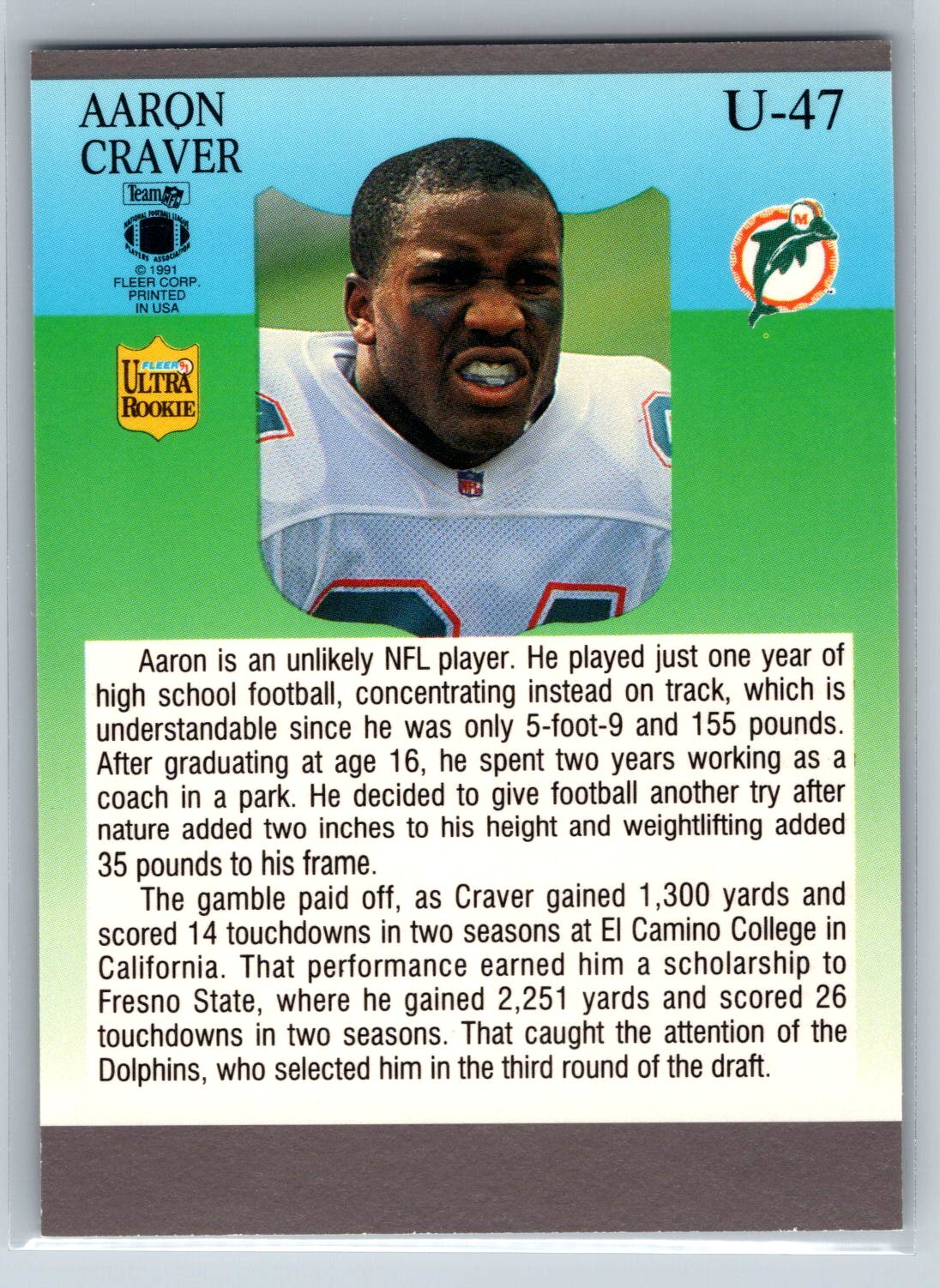 1991 Fleer Ultra Update Aaron Craver Rookie Miami Dolphins RC #U-47 | eBay