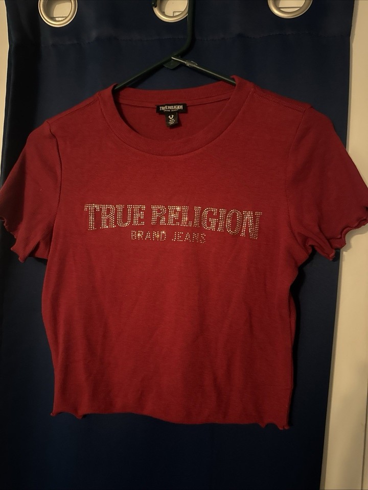 TRUE RELIGION RED SHIRT GOLD RHINESTONES | eBay UK