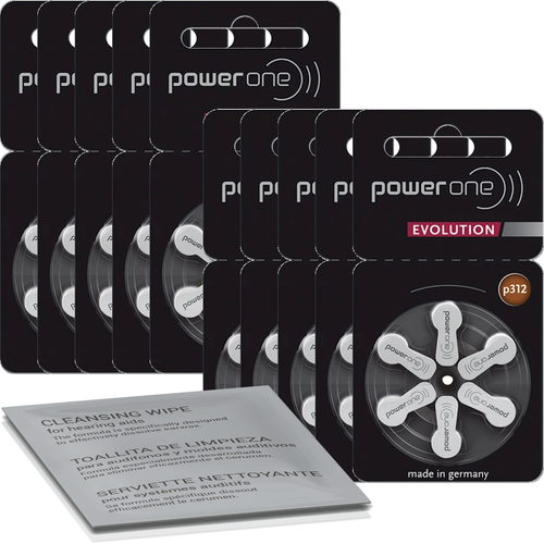 60 Power One Evolution P312 Hearing Aid Batteries with Cleaning Cloth ...