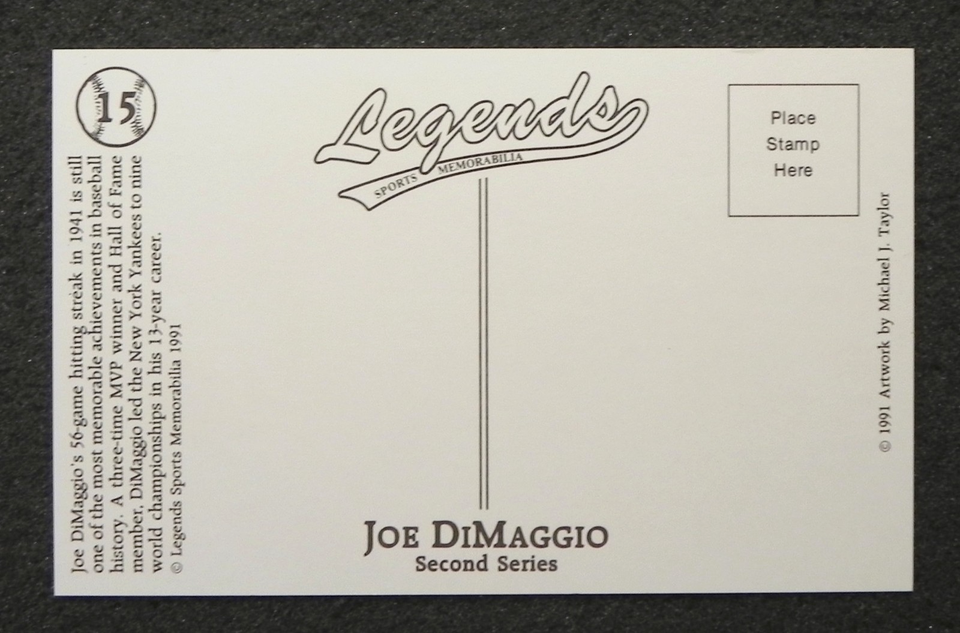 Joe DiMaggio 1991 Legends Artwork Postcard #15 Second Series _ Exact (M ...