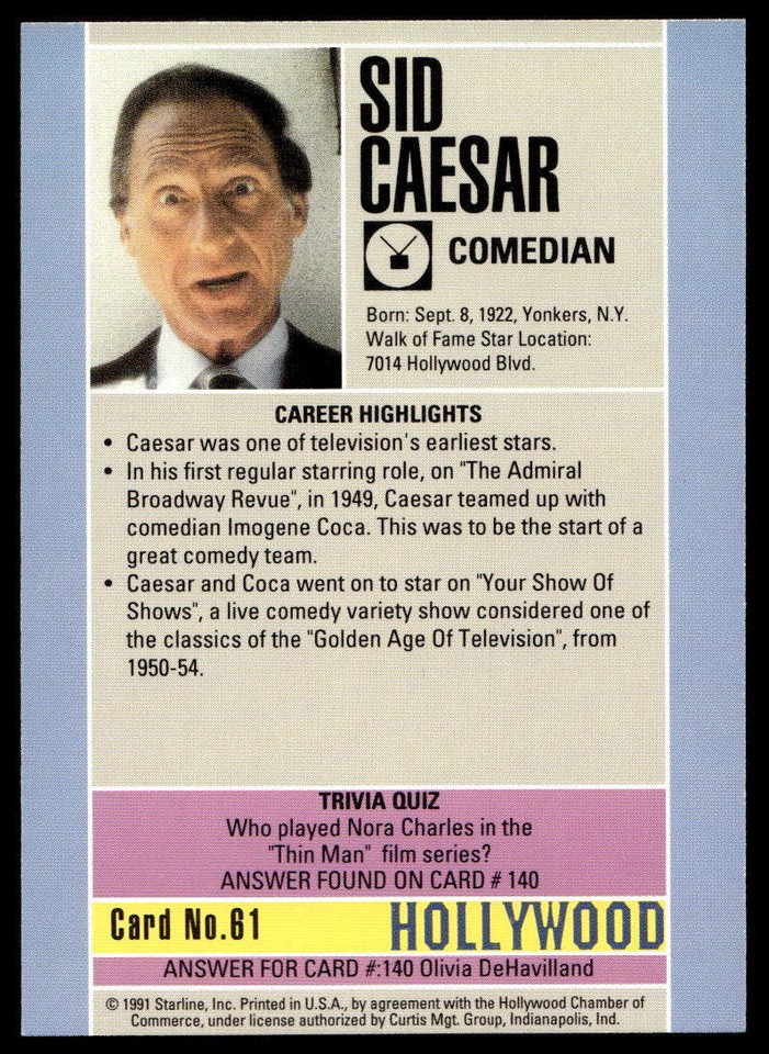 1991 Starline Hollywood 61 Sid Caesar Trading Card | eBay