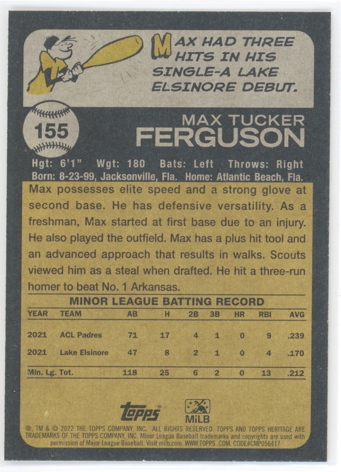 MAX FERGUSON 2022 TOPPS HERITAGE MINORS PROSPECT #155 RC | eBay