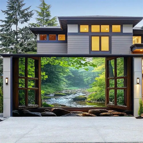 Wooden Window Forest Stream Garage Door Cover Banner Holiday Party ...