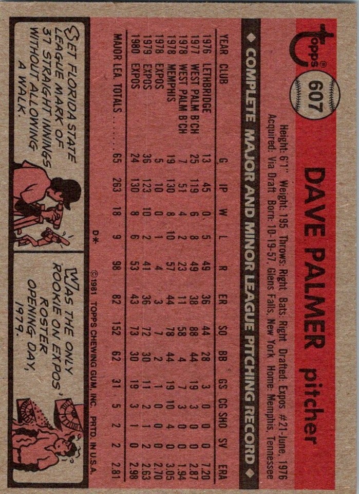 1981 Topps #607 David Palmer Expos | eBay