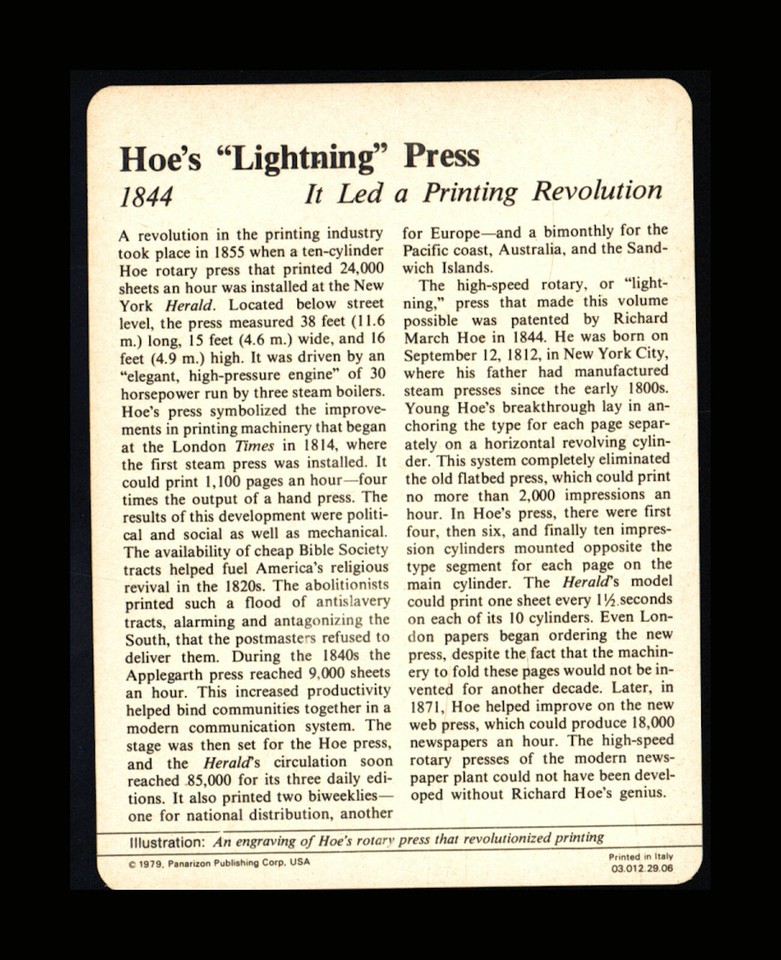 1979 Panarizon Hoe's Lightning Press Science & Invention Story America ...